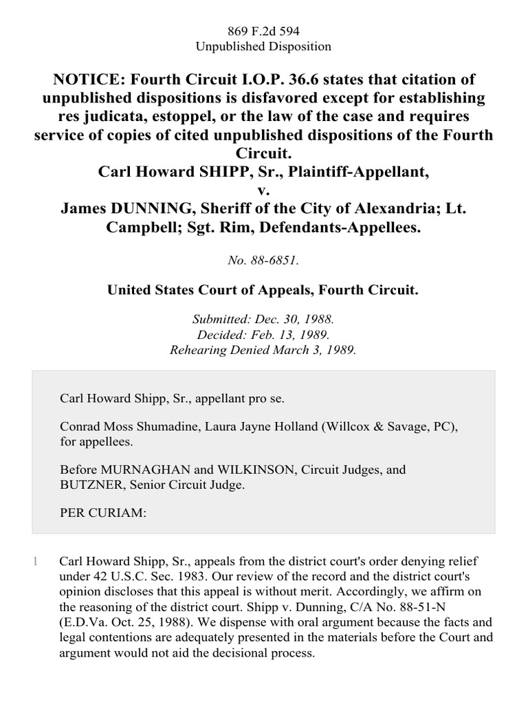 Carl Howard Shipp, Sr. v. James Dunning, Sheriff of The City of ...