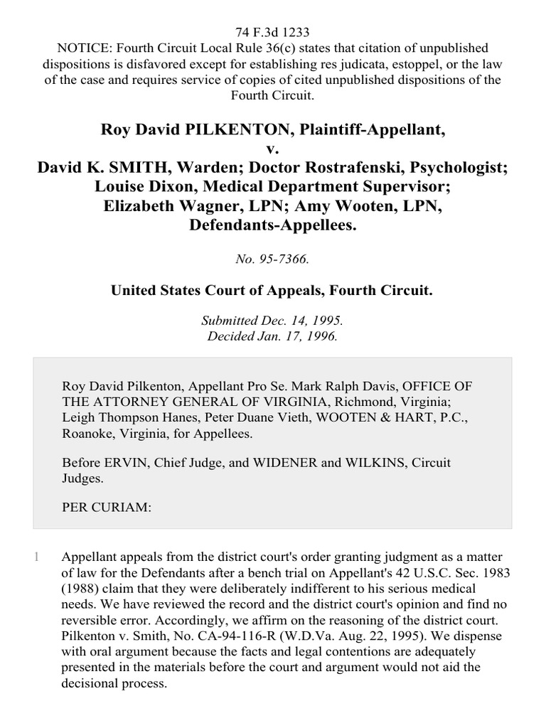 Pilkenton v. Smith: Medical Indifference Case | PDF | Politics | Social ...