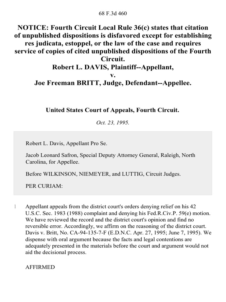 Robert L. Davis v. Joe Freeman Britt, Judge, 68 F.3d 460, 4th Cir ...