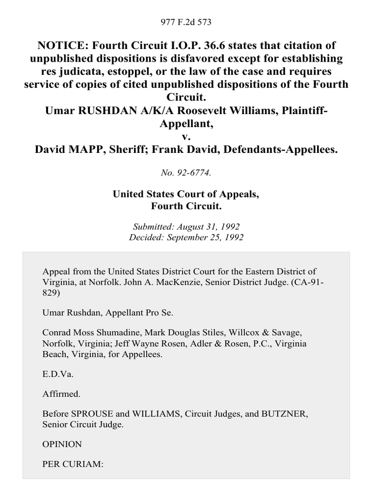 Umar Rushdan A/K/A Roosevelt Williams v. David Mapp, Sheriff Frank ...