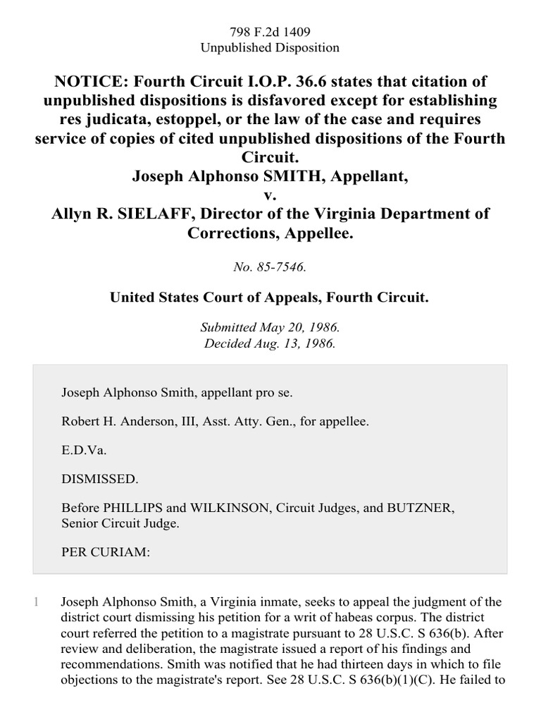 Joseph Alphonso Smith v. Allyn R. Sielaff, Director of The Virginia ...
