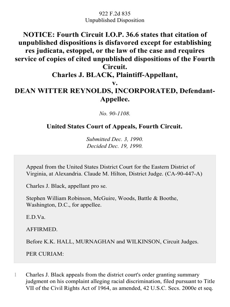 Charles J. Black v. Dean Witter Reynolds, Incorporated, 922 F.2d 835 ...