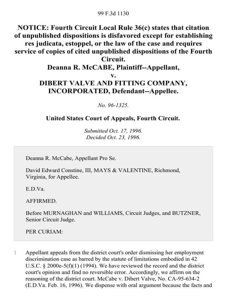 Deanna R. McCabe v. Dibert Valve and Fitting Company, Incorporated, 99 ...