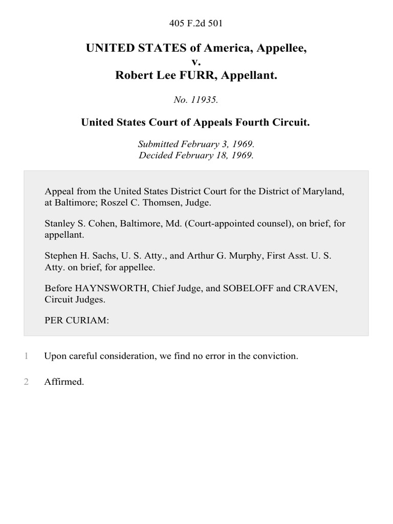 United States v. Robert Lee Furr, 405 F.2d 501, 4th Cir. (1969) | PDF