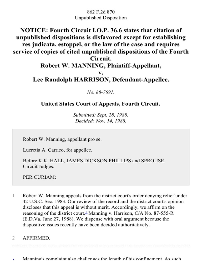 Robert W. Manning v. Lee Randolph Harrison, 862 F.2d 870, 4th Cir ...