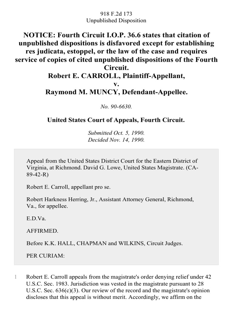 Robert E. Carroll v. Raymond M. Muncy, 918 F.2d 173, 4th Cir. (1990) | PDF