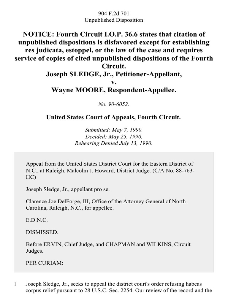 Joseph Sledge, Jr. v. Wayne Moore, 904 F.2d 701, 4th Cir. (1990) | PDF