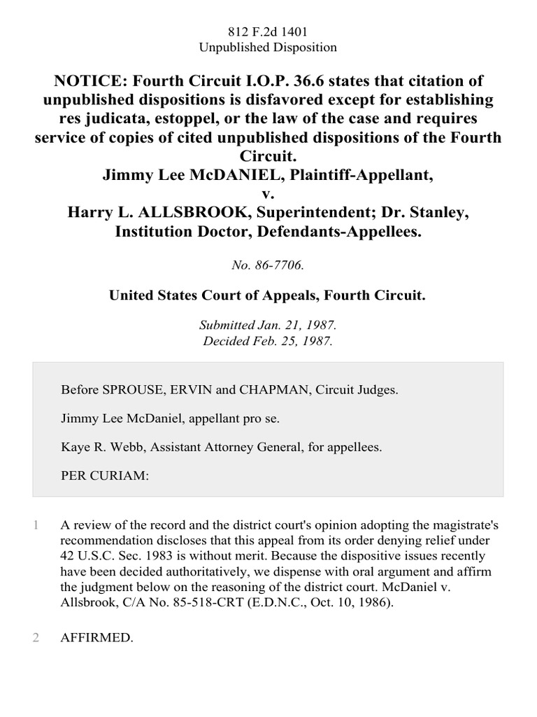 Jimmy Lee McDaniel v. Harry L. Allsbrook, Superintendent Dr. Stanley ...