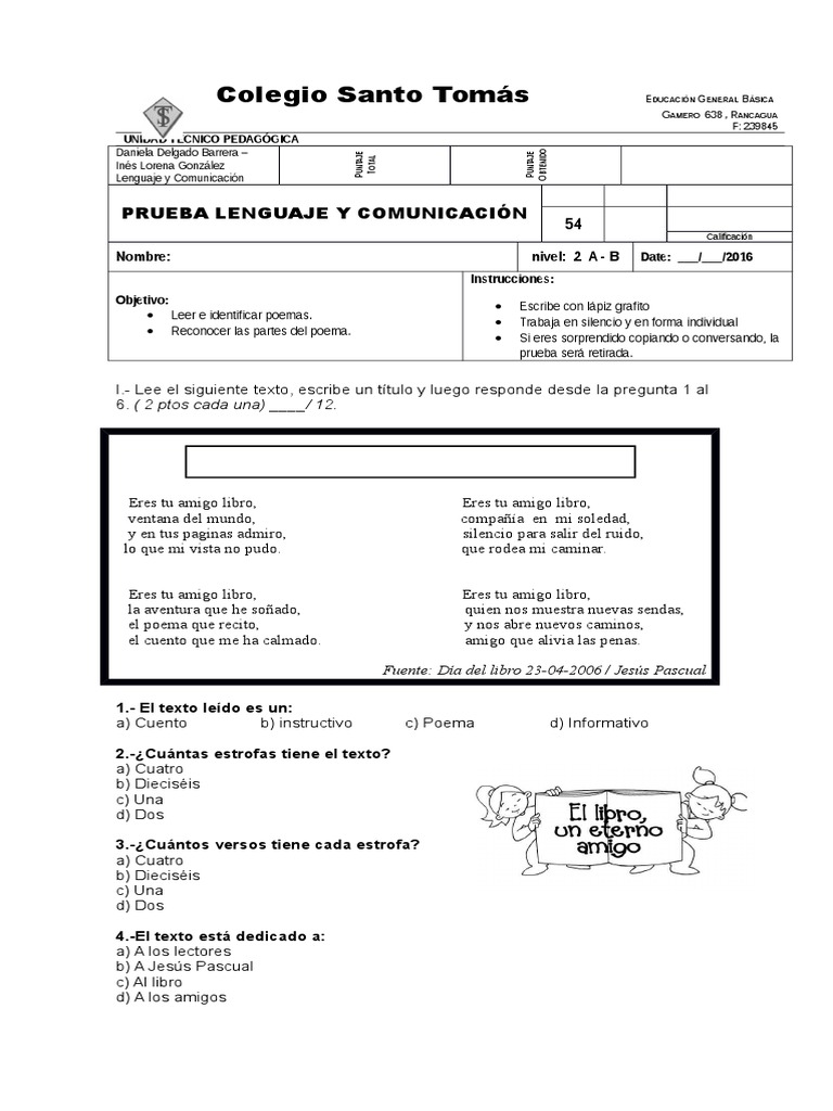 Prueba Segundo Basico El Poema 09-08 | PDF | Artes del Lenguaje y ...