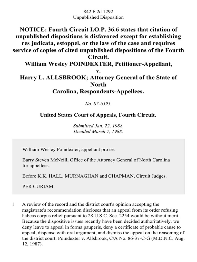 William Wesley Poindexter v. Harry L. Allsbrook Attorney General of The ...