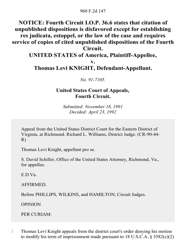 United States v. Thomas Levi Knight, 960 F.2d 147, 4th Cir. (1992) | PDF