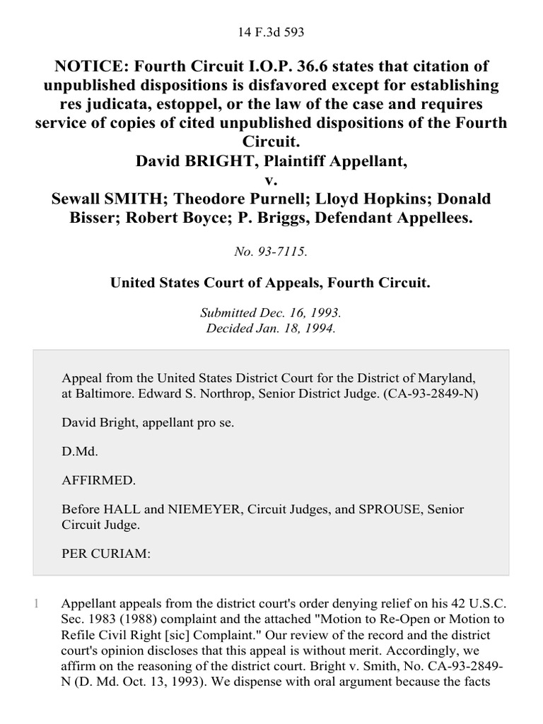 David Bright v. Sewall Smith Theodore Purnell Lloyd Hopkins Donald Bisser Robert Boyce P. Briggs ...
