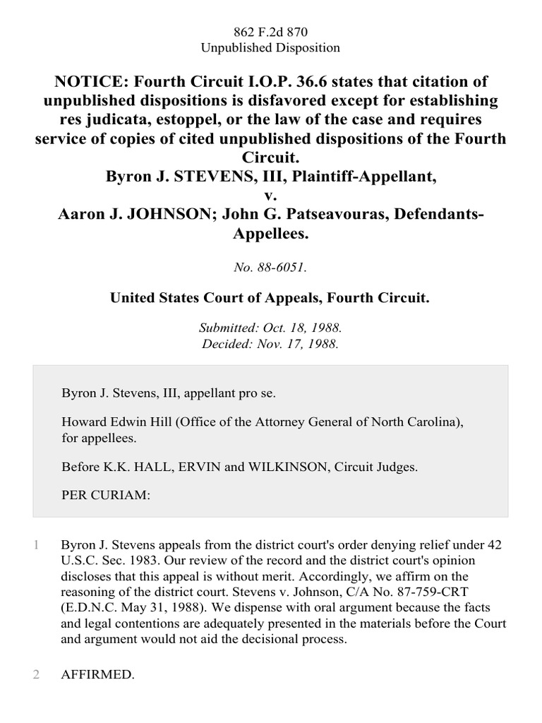 Byron J. Stevens, III v. Aaron J. Johnson John G. Patseavouras, 862 F ...