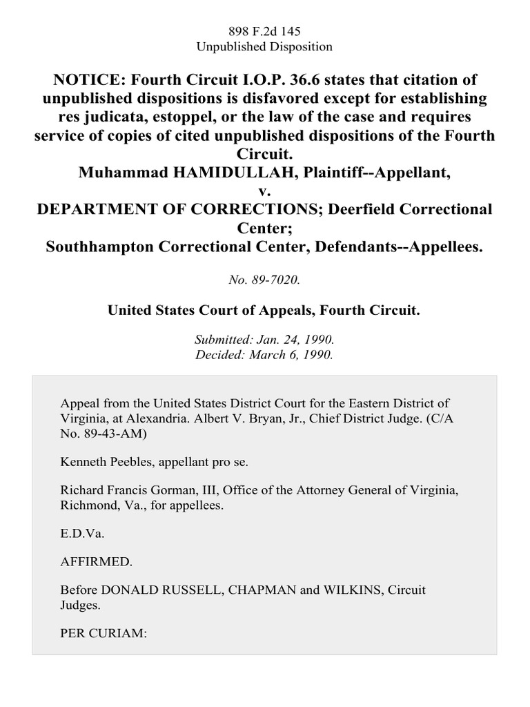 Muhammad Hamidullah v. Department of Corrections Deerfield Correctional ...