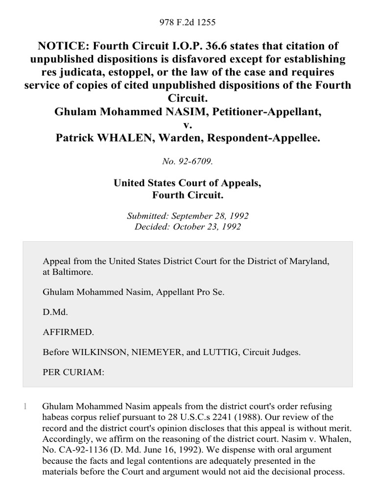 Ghulam Mohammed Nasim v. Patrick Whalen, Warden, 978 F.2d 1255, 4th Cir ...