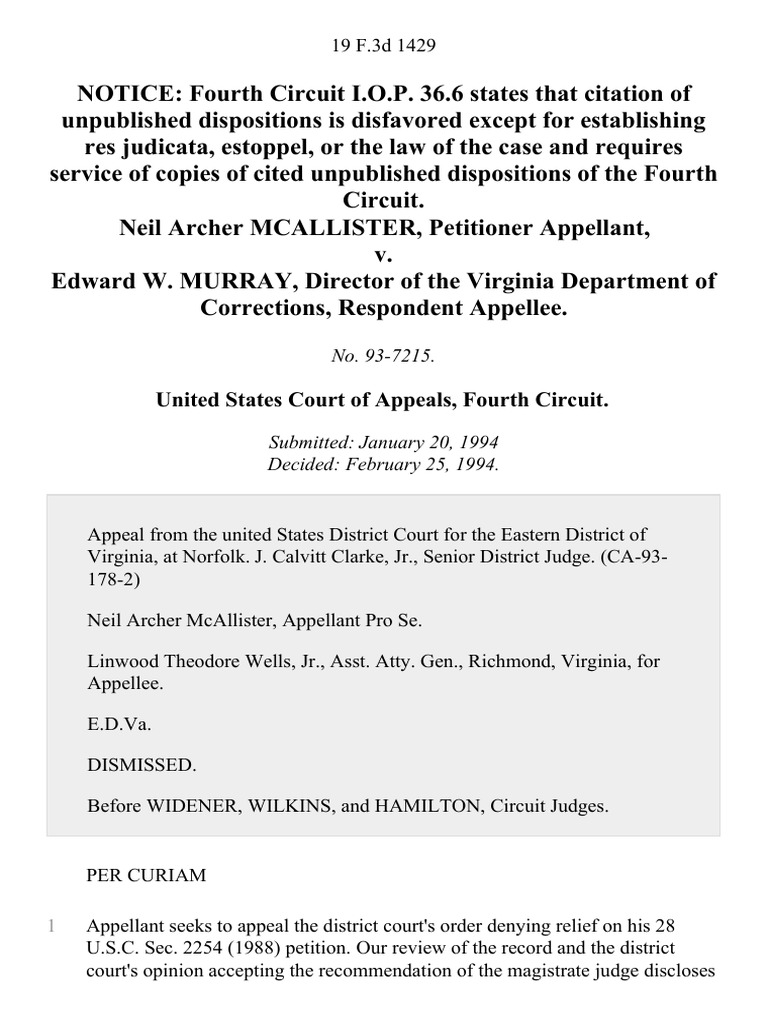 Neil Archer McAllister v. Edward W. Murray, Director of The Virginia ...