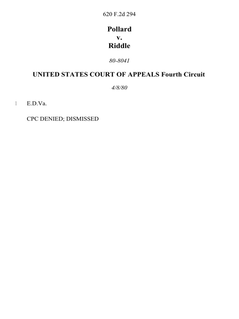 Pollard v. Riddle, 620 F.2d 294, 4th Cir. (1980) | PDF | United States ...