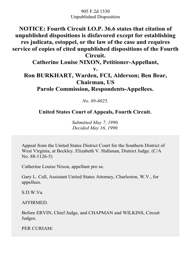 Catherine Louise Nixon v. Ron Burkhart, Warden, Fci, Alderson Ben Bear ...