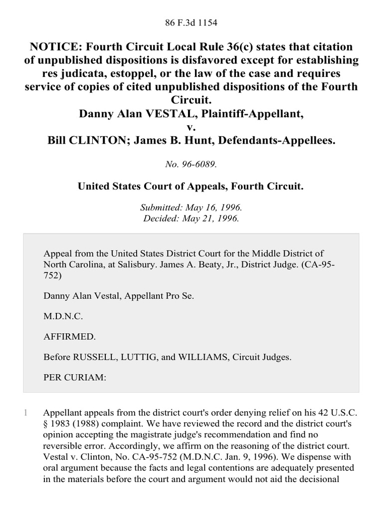 Danny Alan Vestal V Bill Clinton James B Hunt 86 F 3d 1154 4th Cir