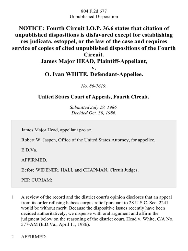 James Major Head v. O. Ivan White, 804 F.2d 677, 4th Cir. (1986) | PDF