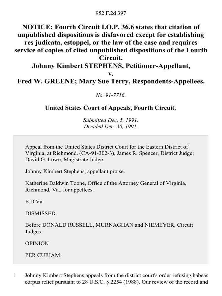 Johnny Kimbert Stephens v. Fred W. Greene Mary Sue Terry, 952 F.2d 397, 4th Cir. (1991) | PDF