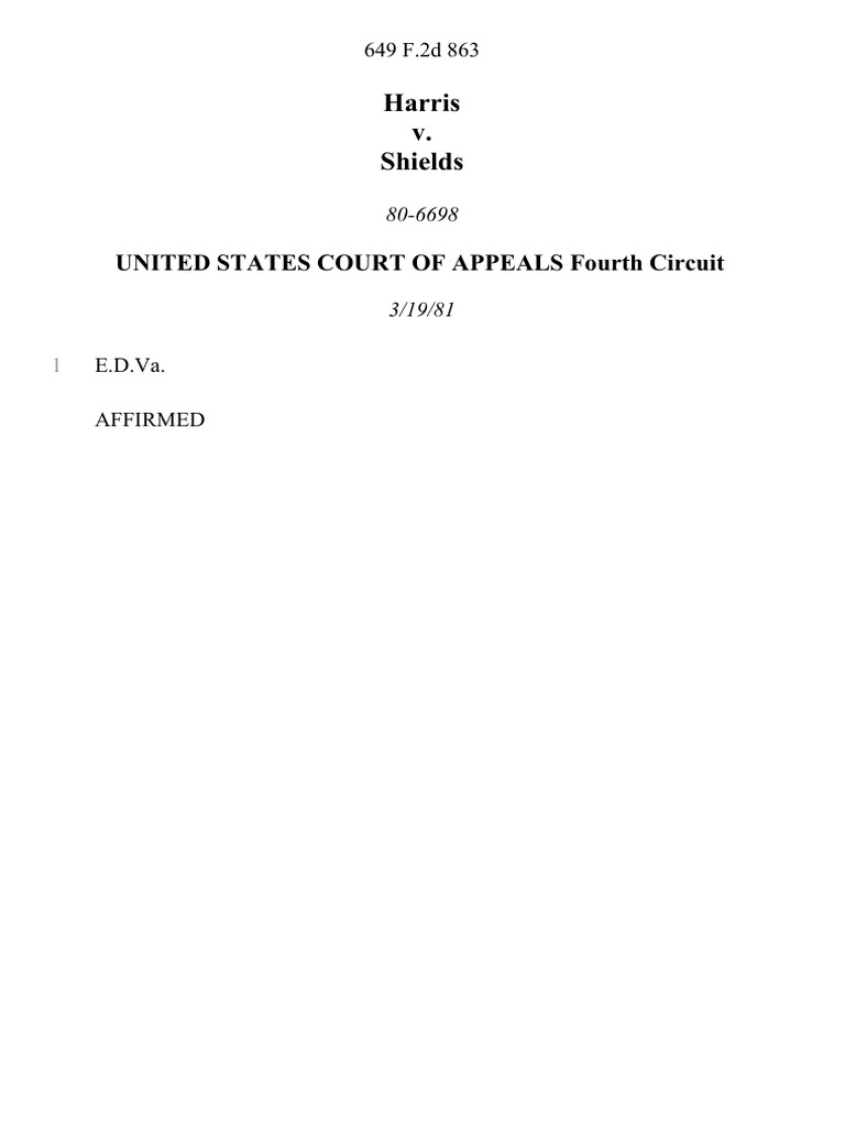 Harris v. Shields, 649 F.2d 863, 4th Cir. (1981) | PDF | Federal ...