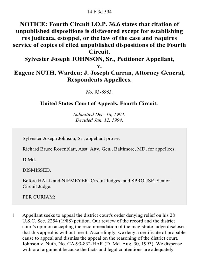 Sylvester Joseph Johnson, Sr. v. Eugene Nuth, Warden J. Joseph Curran ...