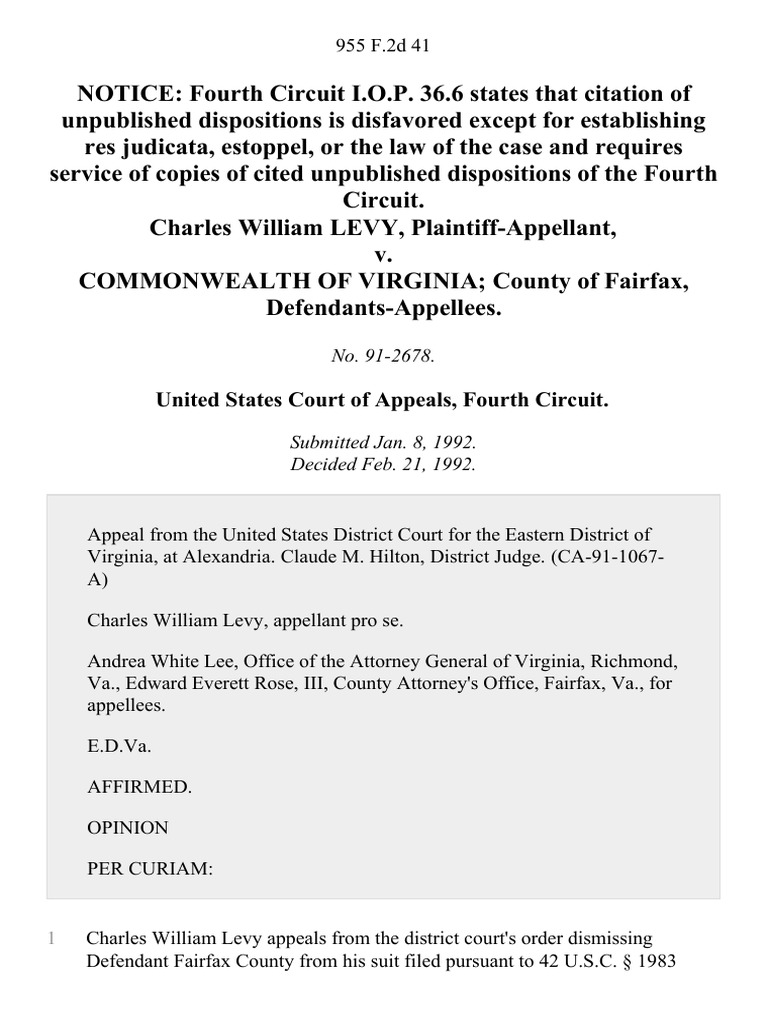 Charles William Levy v. Commonwealth of Virginia County of Fairfax, 955 ...