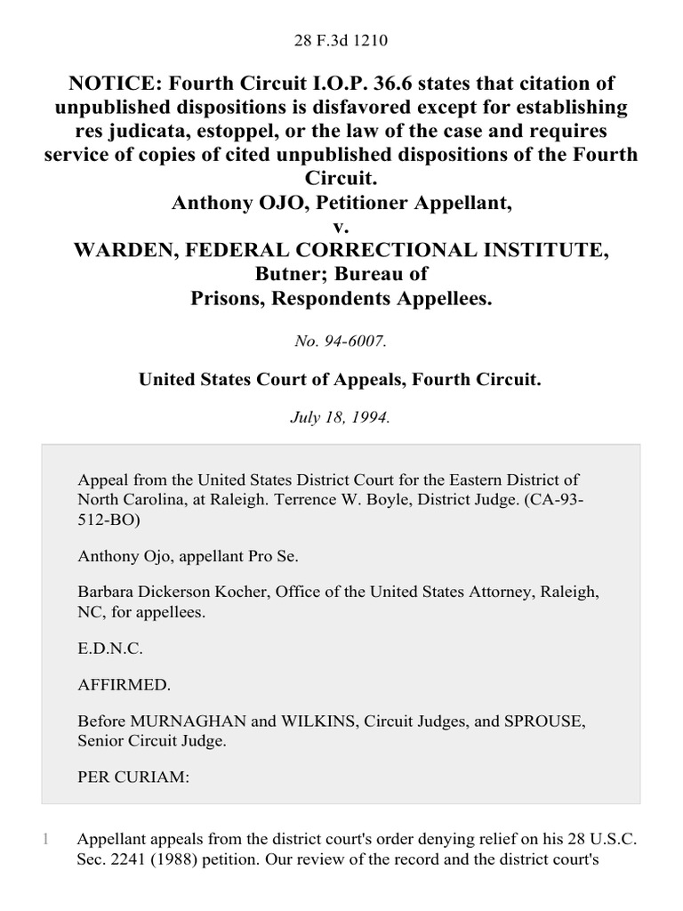 Anthony Ojo v. Warden, Federal Correctional Institute, Butner Bureau of ...