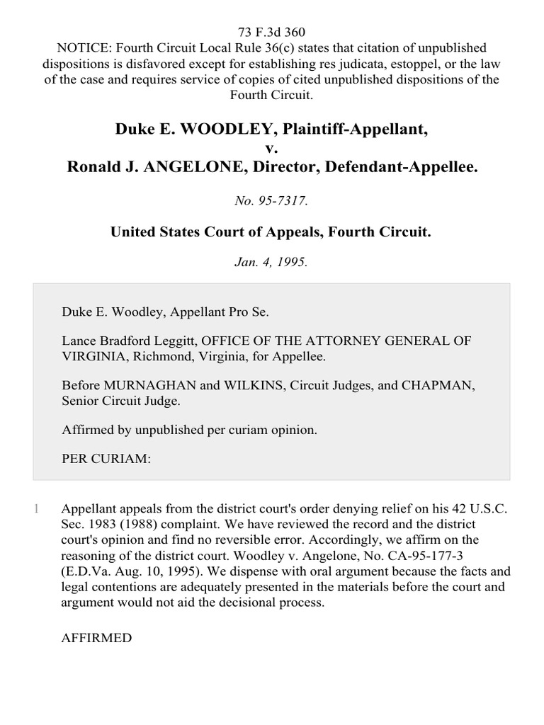 Duke E. Woodley v. Ronald J. Angelone, Director, 73 F.3d 360, 4th Cir ...