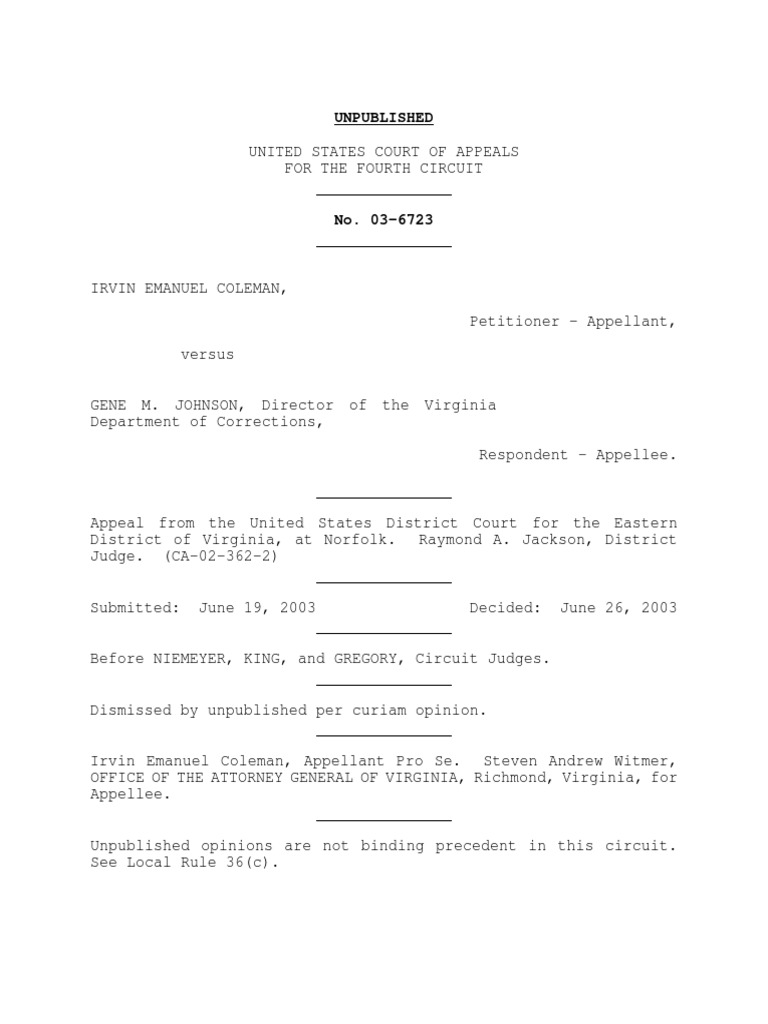 Coleman v. Johnson, 4th Cir. (2003) | PDF