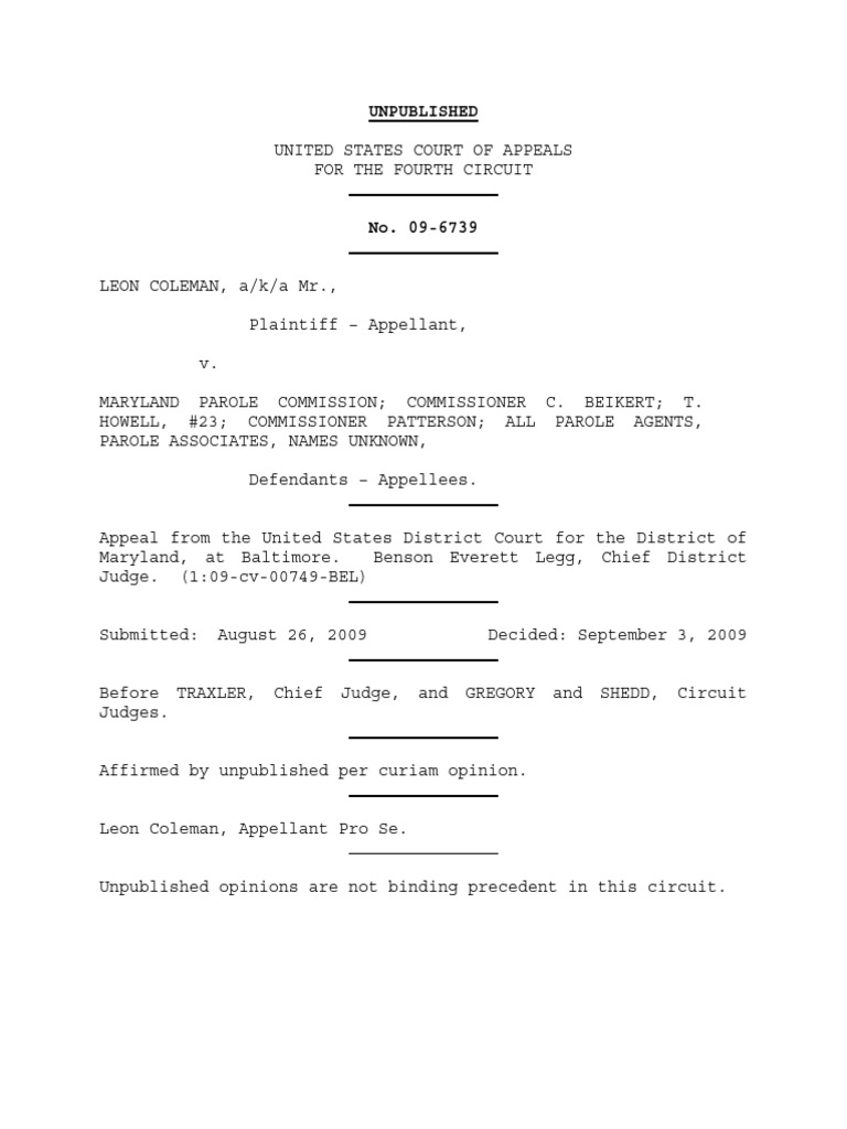 Coleman v. Maryland Parole Commission, 4th Cir. (2009) | PDF