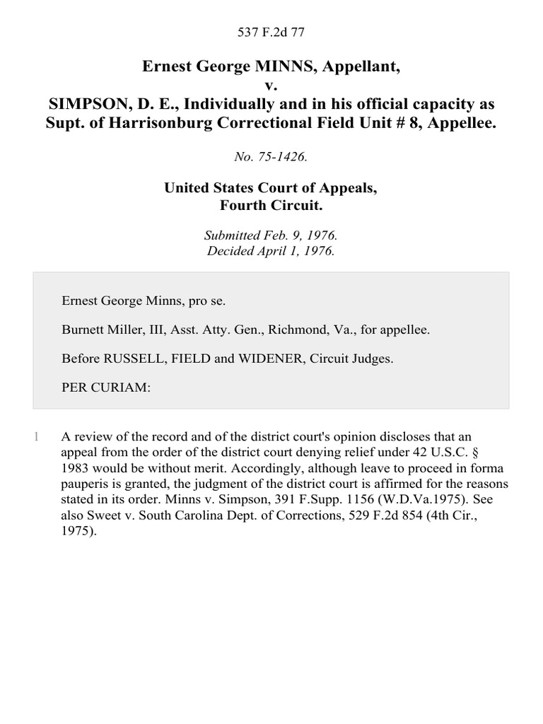 Ernest George Minns v. Simpson, D. E., Individually and in His Official ...