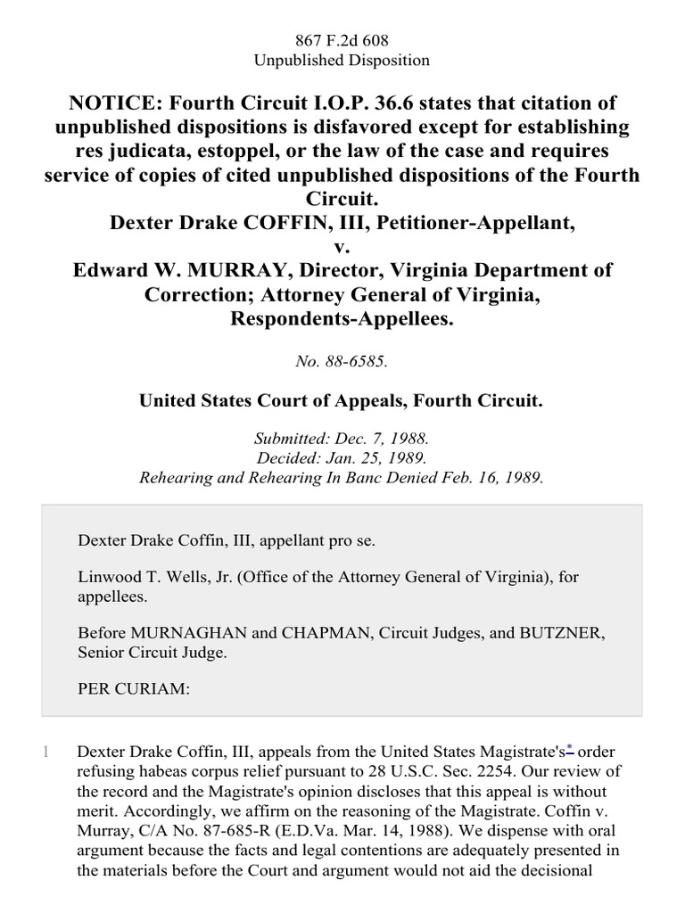 Dexter Drake Coffin, III v. Edward W. Murray, Director, Virginia ...