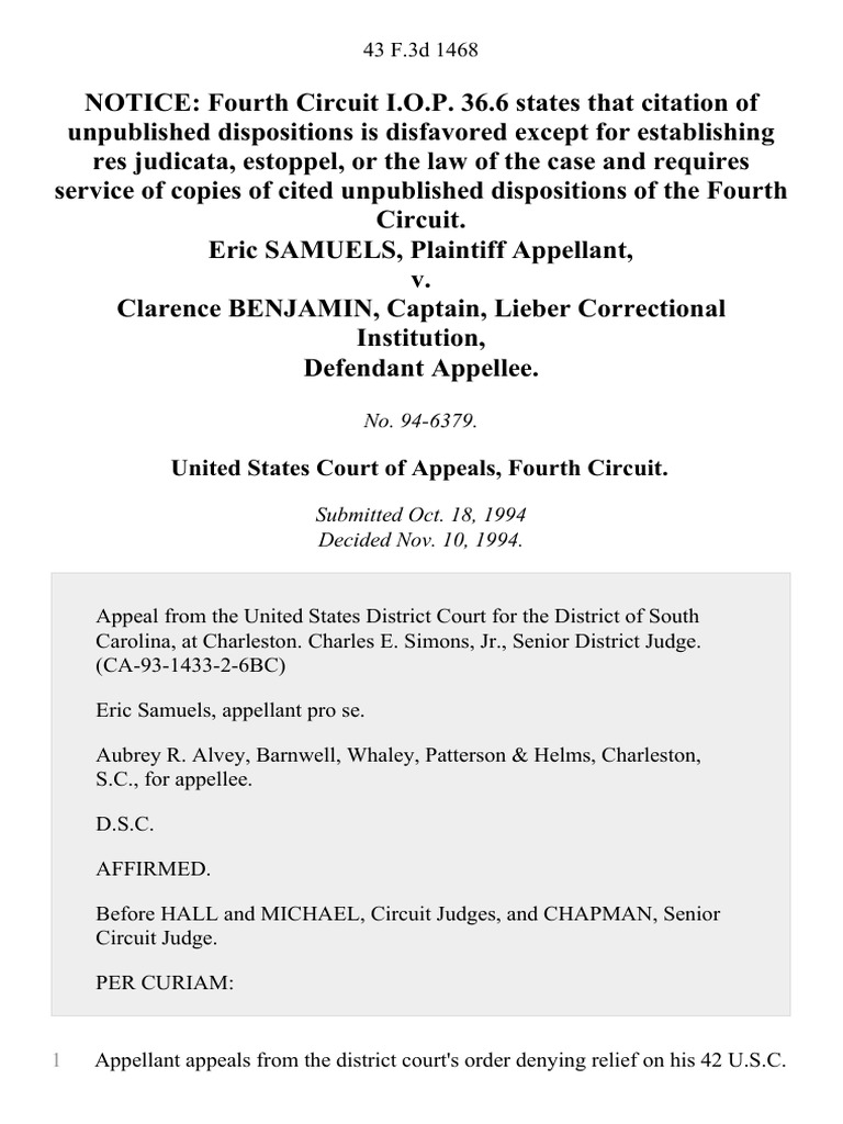 Eric Samuels v. Clarence Benjamin, Captain, Lieber Correctional ...