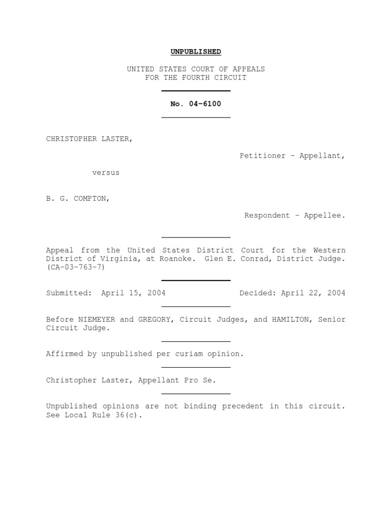 Laster v. Compton, 4th Cir. (2004) | PDF | Law