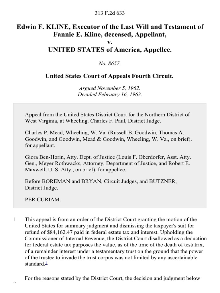 Edwin F. Kline, of The Last Will and Testament of Fannie E. Kline ...
