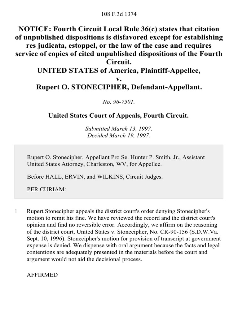 United States v. Rupert O. Stonecipher, 108 F.3d 1374, 4th Cir. (1997 ...