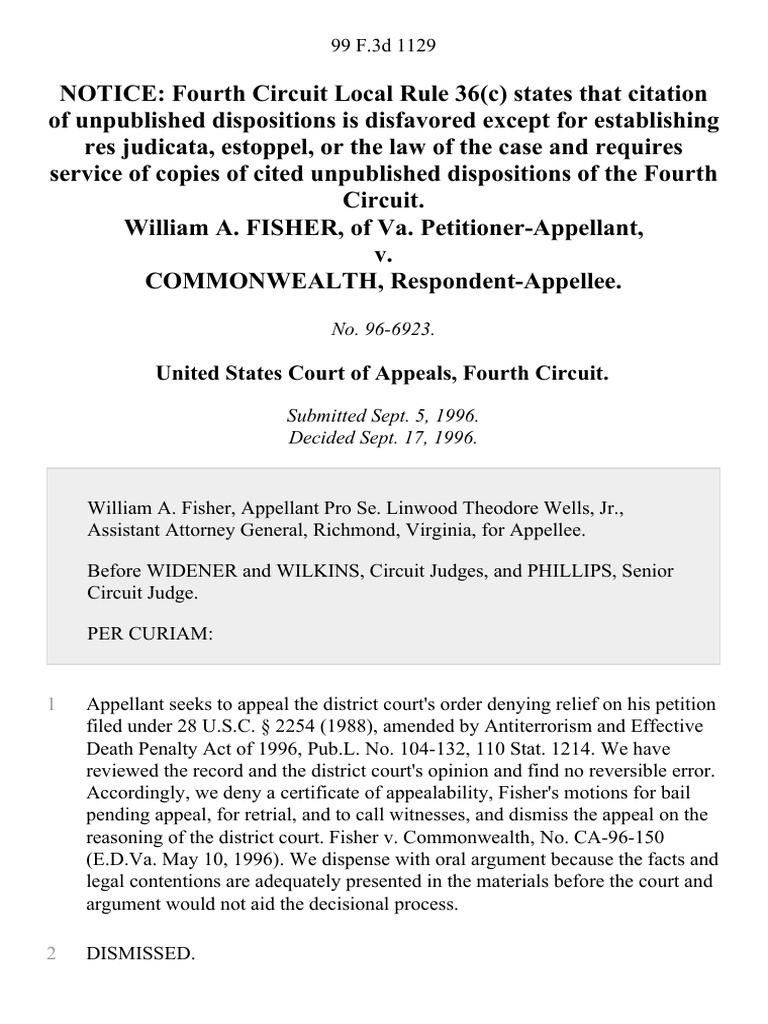William A. Fisher, of Va. v. Commonwealth, 99 F.3d 1129, 4th Cir. (1996 ...
