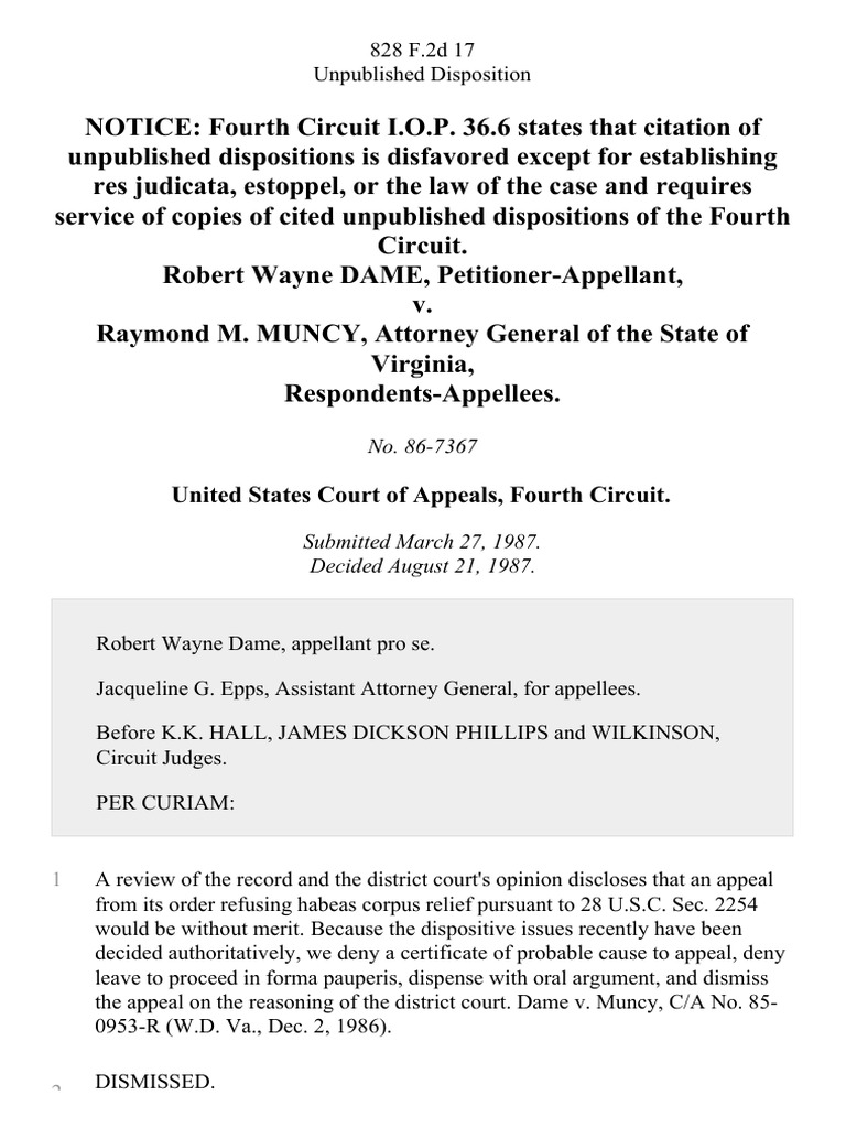 Robert Wayne Dame v. Raymond M. Muncy, Attorney General of The State of ...