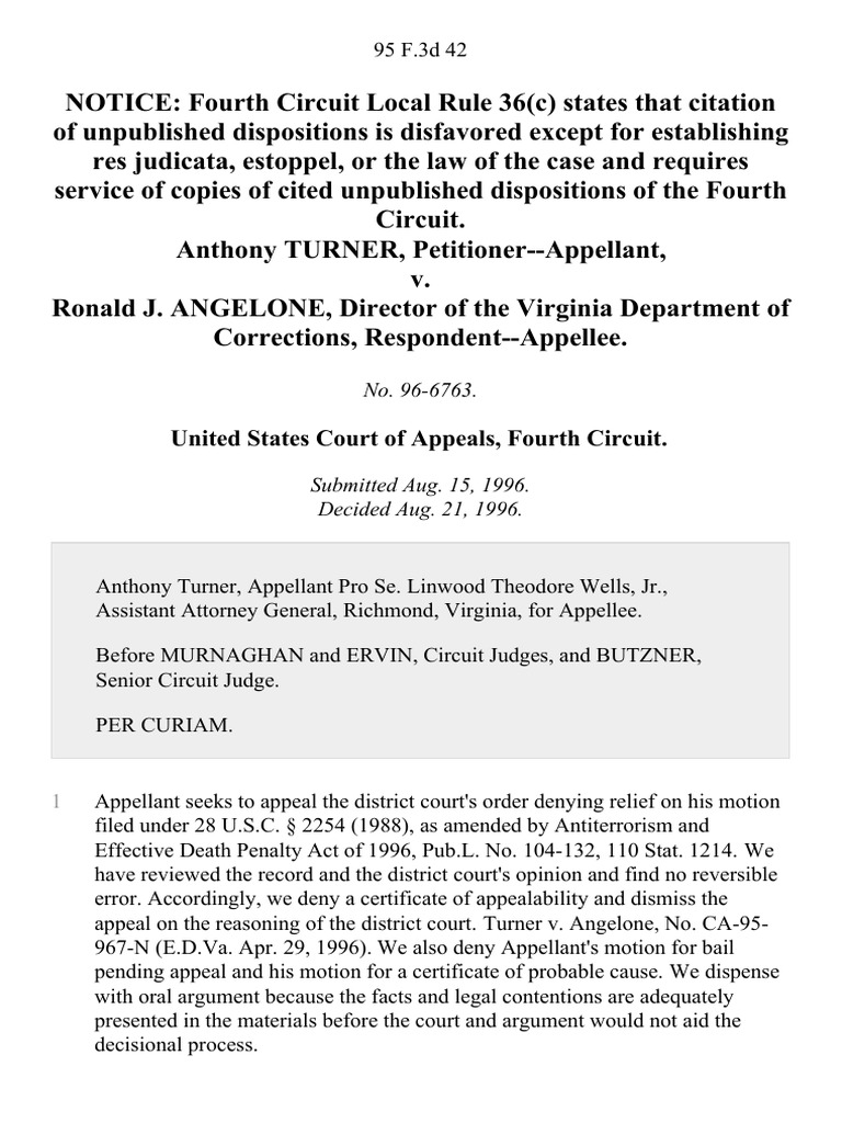 Anthony Turner v. Ronald J. Angelone, Director of The Virginia Department of Corrections, 95 F ...
