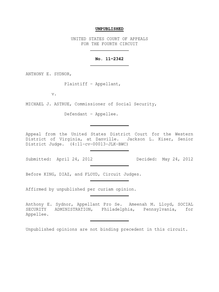 Anthony Sydnor v. Michael Astrue, 4th Cir. (2012) | PDF