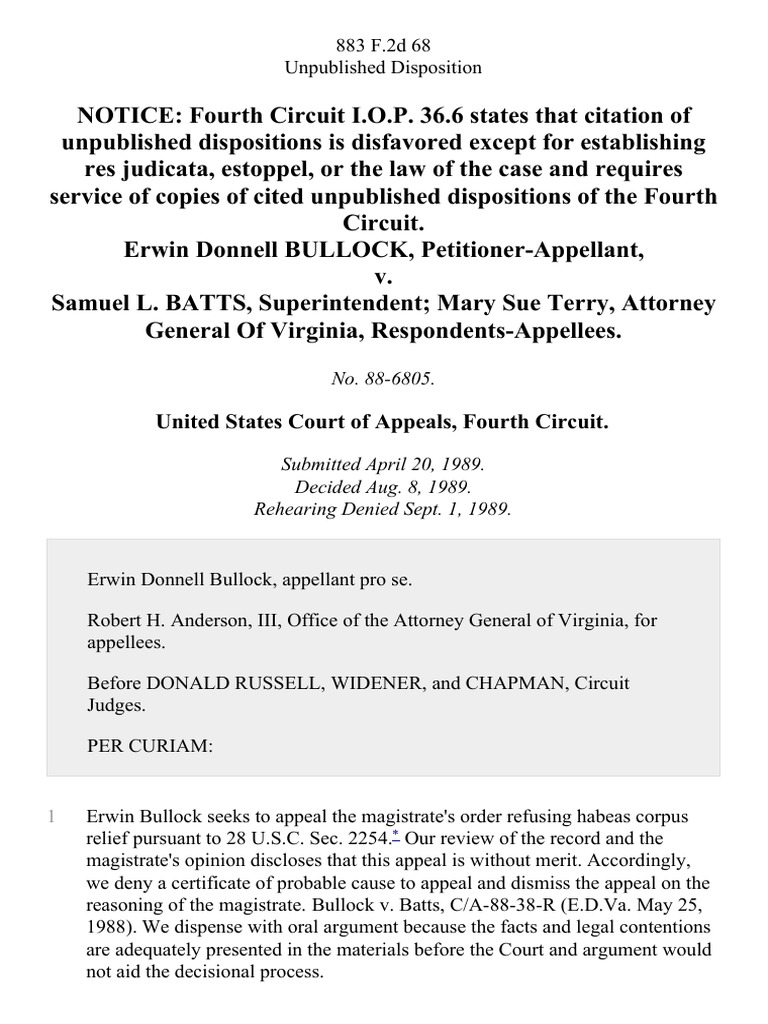 Erwin Donnell Bullock v. Samuel L. Batts, Superintendent Mary Sue Terry ...