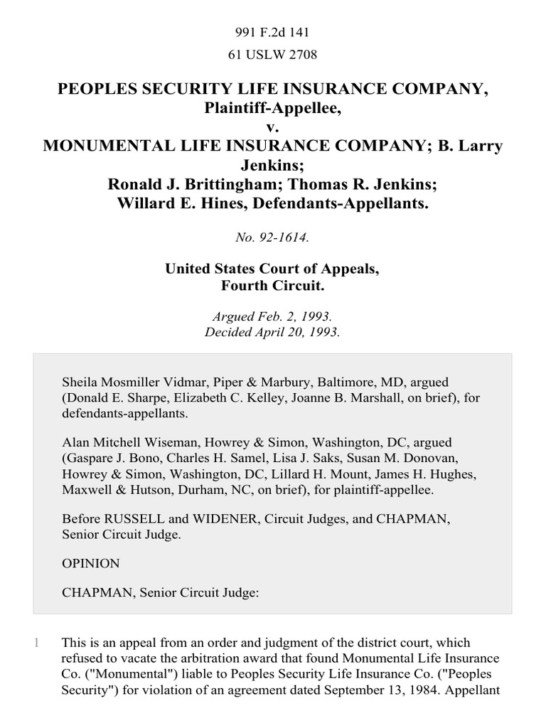Peoples Security Life Insurance Company v. Monumental Life Insurance ...