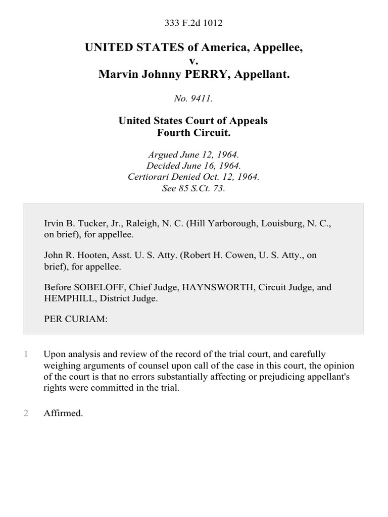 United States v. Marvin Johnny Perry, 333 F.2d 1012, 4th Cir. (1964) | PDF