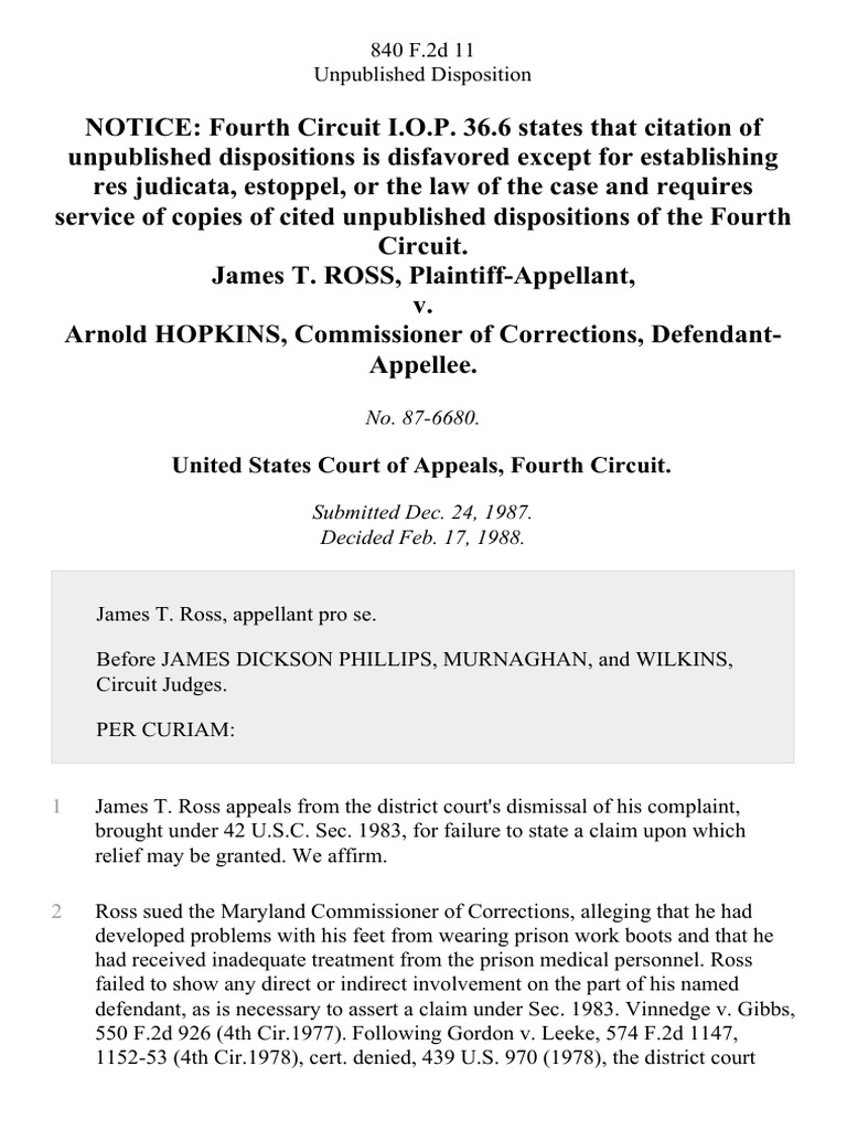 James T. Ross v. Arnold Hopkins, Commissioner of Corrections, 840 F.2d ...