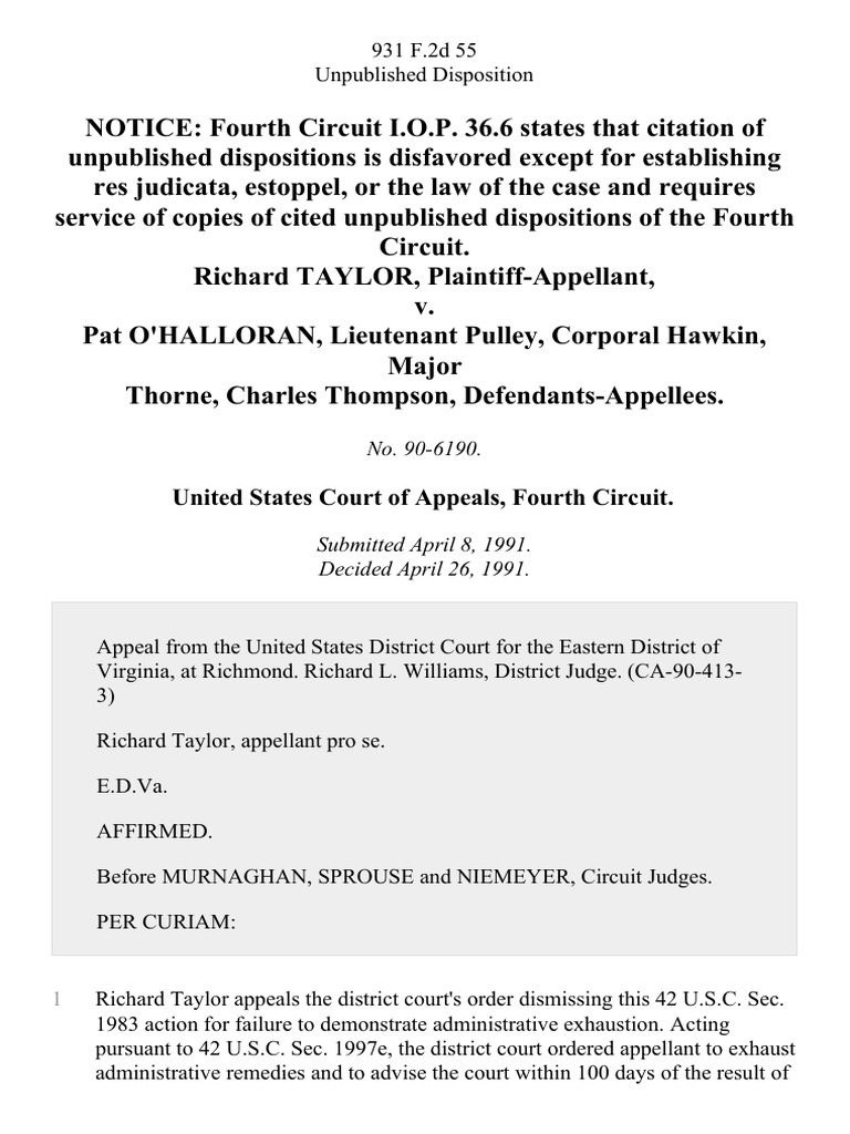 Richard Taylor v. Pat O'halloran, Lieutenant Pulley, Corporal Hawkin ...