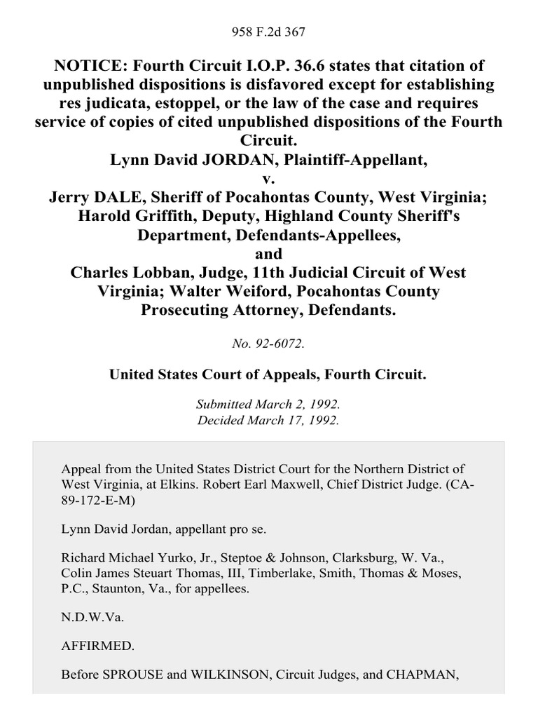 Lynn David Jordan v. Jerry Dale, Sheriff of Pocahontas County, West ...