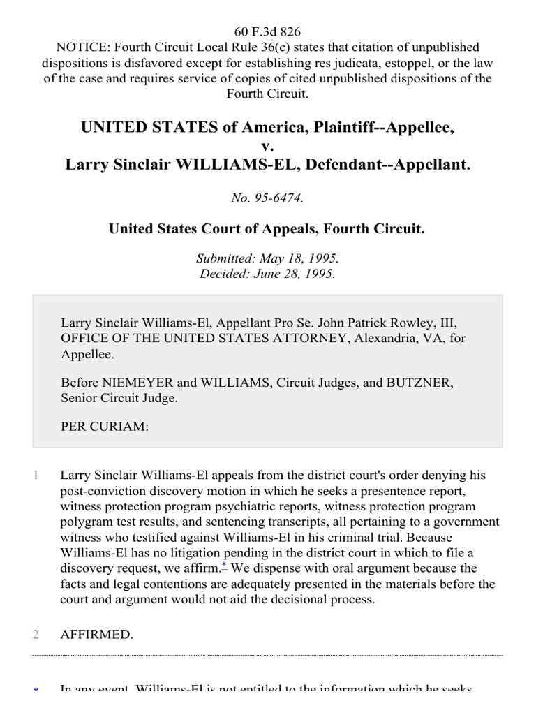 United States v. Larry Sinclair Williams-El, 60 F.3d 826, 4th Cir ...
