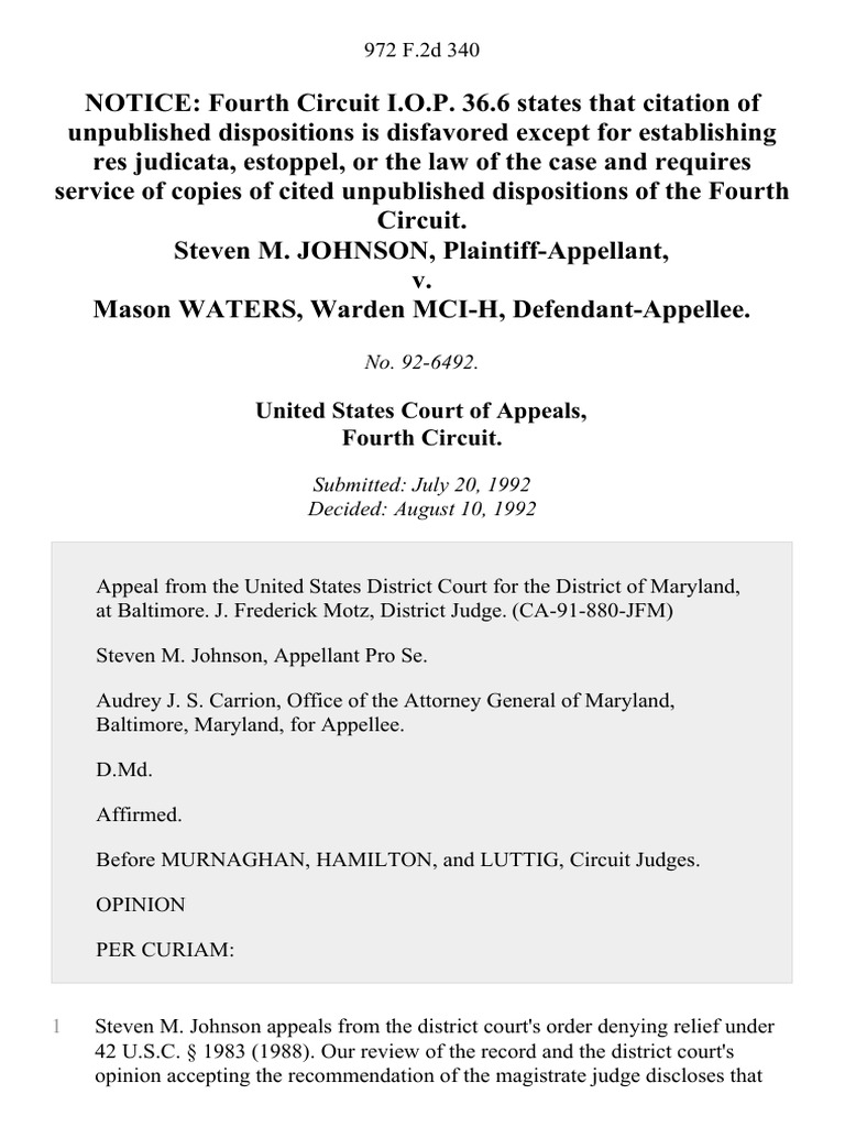 Steven M. Johnson v. Mason Waters, Warden McI, 972 F.2d 340, 4th Cir ...